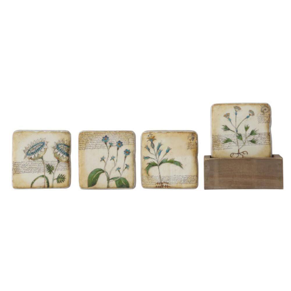 Storied Home Square Resin Coasters w/Flower in Wood Box in Beige (Set ...