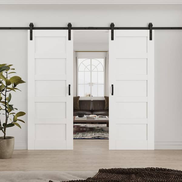 ARK DESIGN 64 in. x 80 in. Waterproof 5 Panel White MDF Sliding No ...