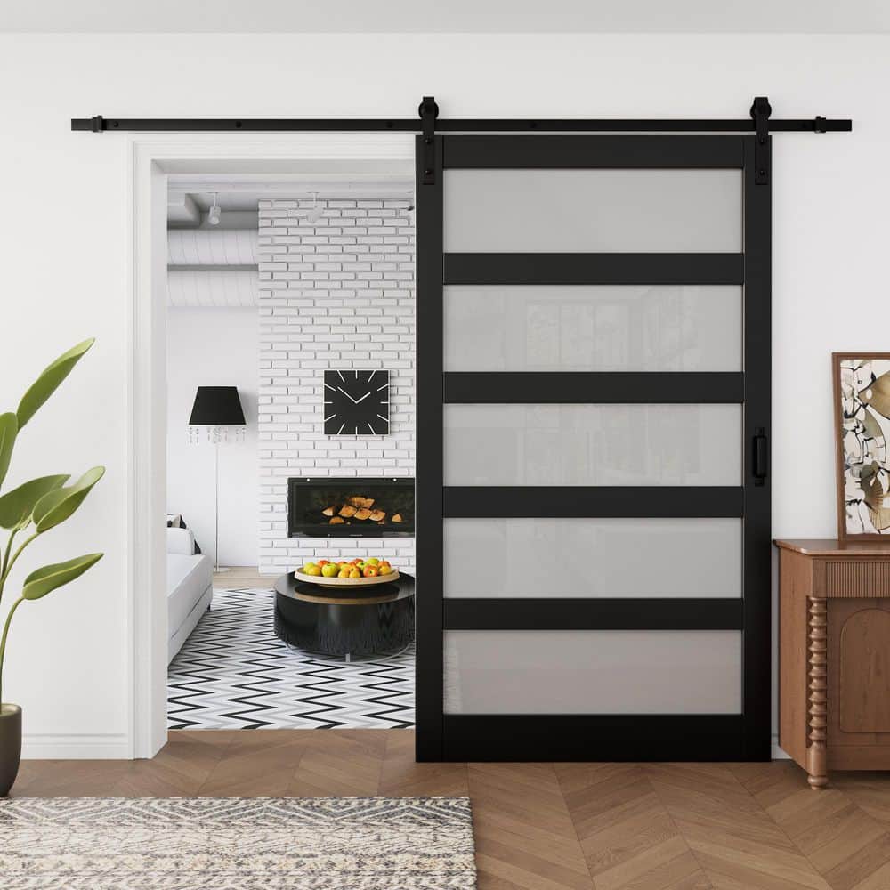 EH PUERTA 48 in. x 84 in. 5-Lite Tempered Frosted Glass Black Finished MDF Sliding Barn Door ...