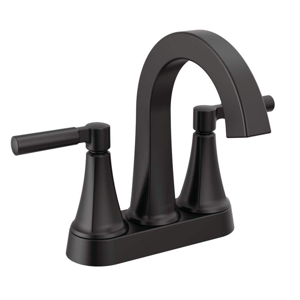 Delta Lorna 4 in. Centerset Double Handle Bathroom Faucet with Drain Kit Included in Matte Black ...