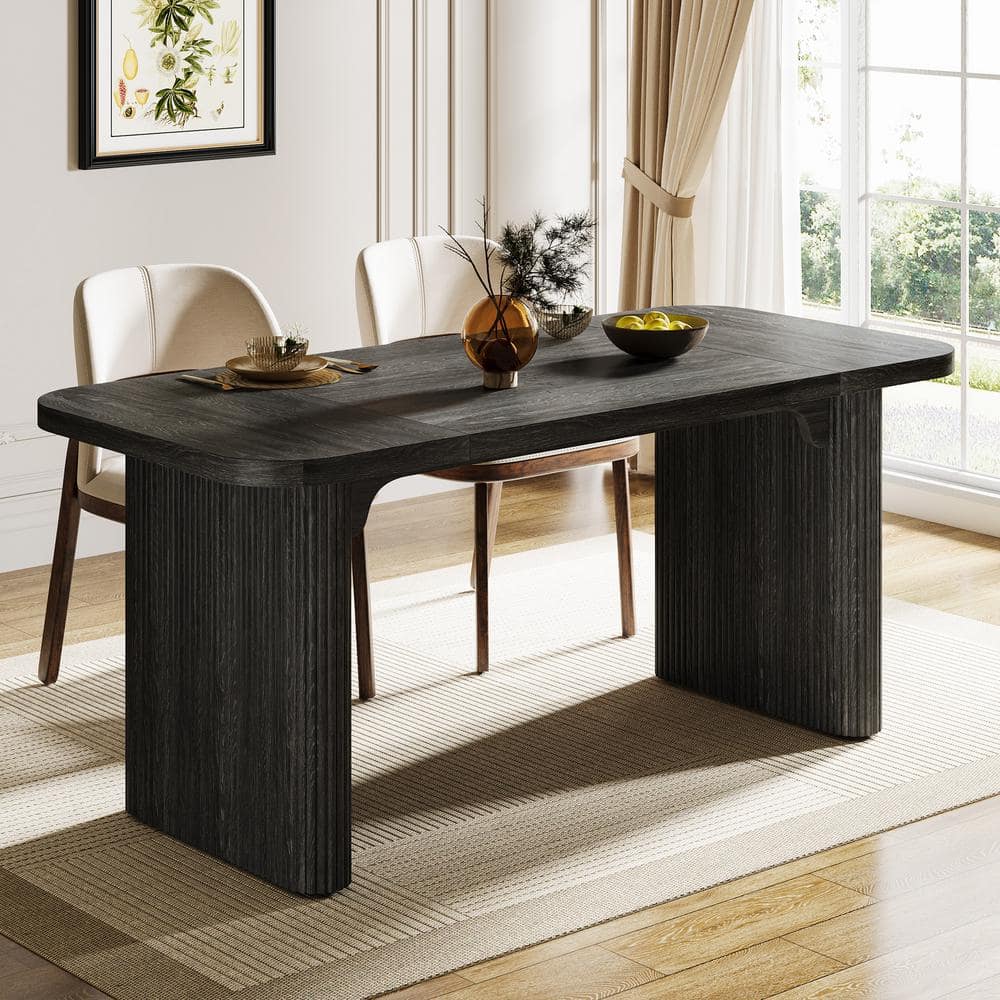 BYBLIGHT Roesler Rustic Wood 62 in. Sled Rectangle Black Dining Table ...