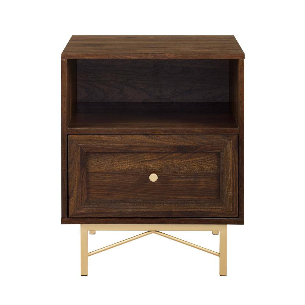 Welwick Designs 20 in. W.1 Drawer Dark Walnut Wood Nightstand with Gold ...