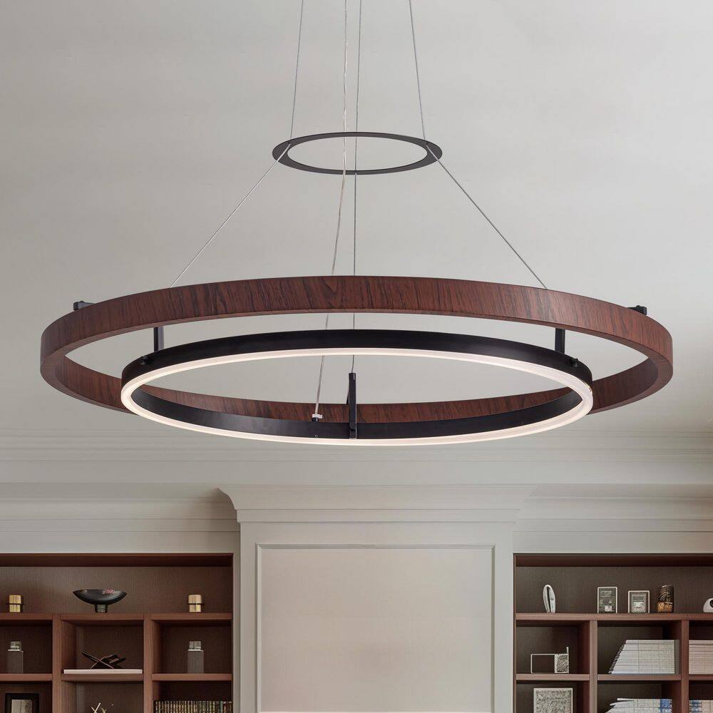 WDETR 32 in. Modern 1-Light Wood and Black Circle Dimmable Integrated ...