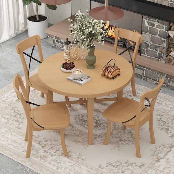 Harper Bright Designs 5 Piece Natural Wood Retro Simple Round Dining Table Set with 4 X Shaped Backrest Chairs