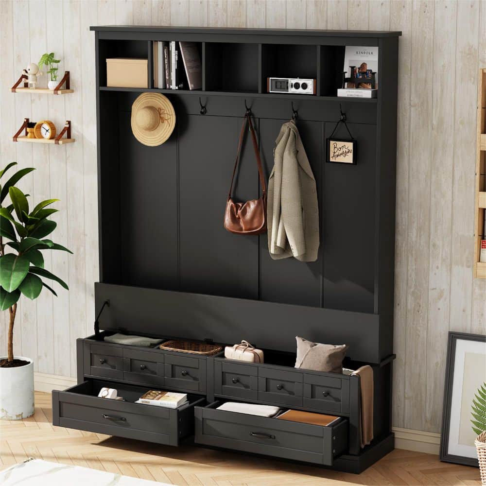 Nestfair 74 in. H Black Hall Tree with Versatile Entryway Lift Top ...