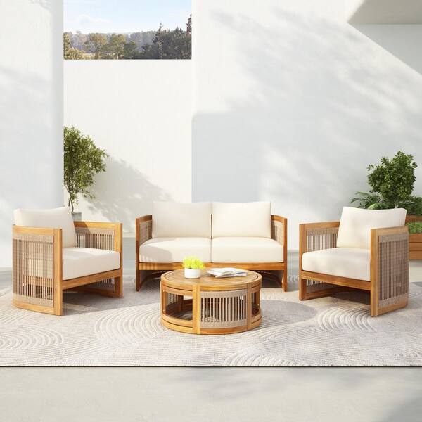 Sudzendf 4-Piece Acacia Wood Patio Conversation Sectional Seating Set ...