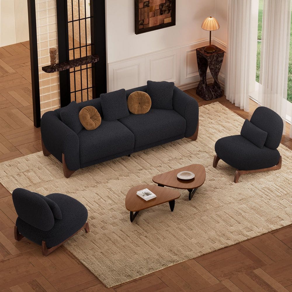 Morden Fort 3-Piece Black Sherpa Velvet Sofa and Armless Chair with ...