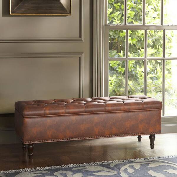 Dark Brown Faux Leather Upholstered Storage Bench 50 in. x 17 in. x18 in. Entryway Bench and Bedroom Bench End of Bed