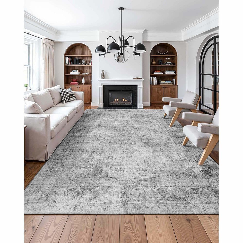 SKYSHALO Gray 9 ft. x 12 ft. Boho Area Rug, Washable, Non-Slip, Tear ...