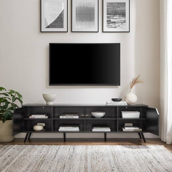 Welwick Designs 70 in. Black Wood Modern Wide TV Stand with Open and Closed Storage Fits TVs up to 80 in. HD9719 The Home Depot