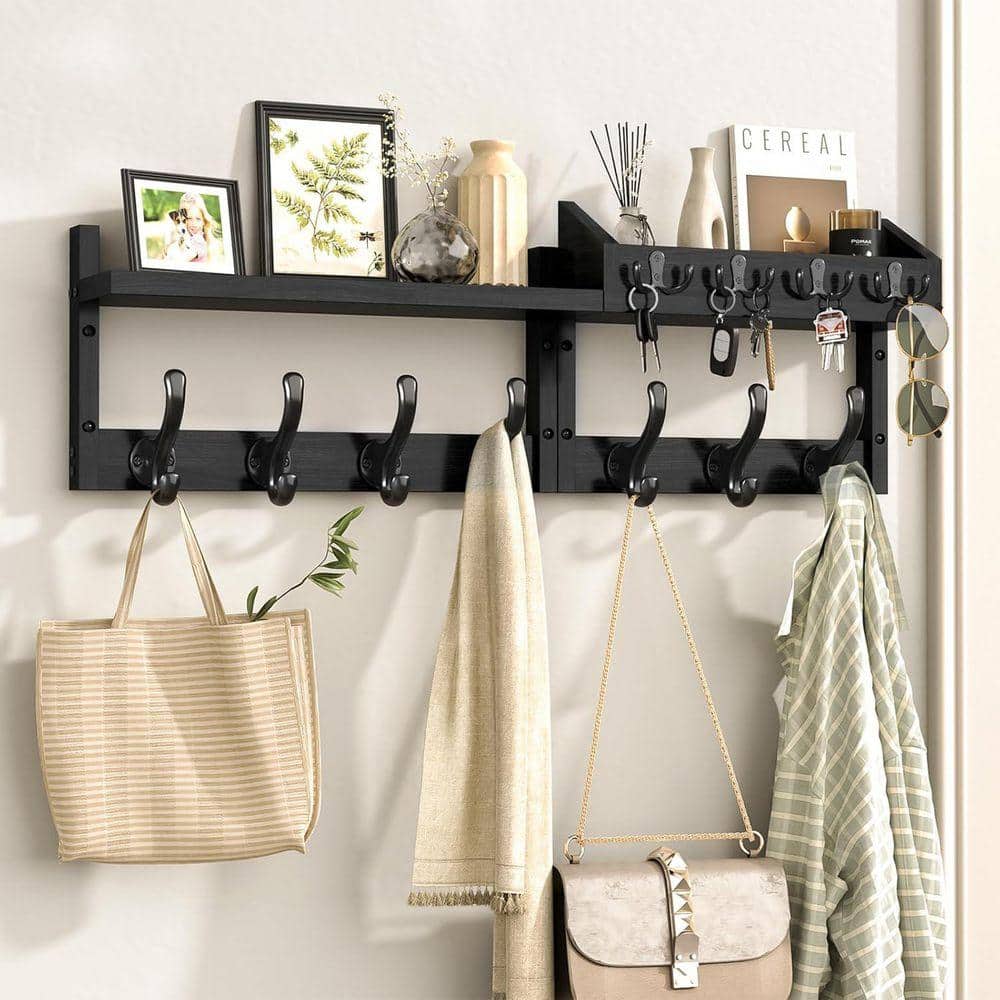 29 in. Black Coat Rack Wall Mount with Shelf, Entryway Key Holder ...