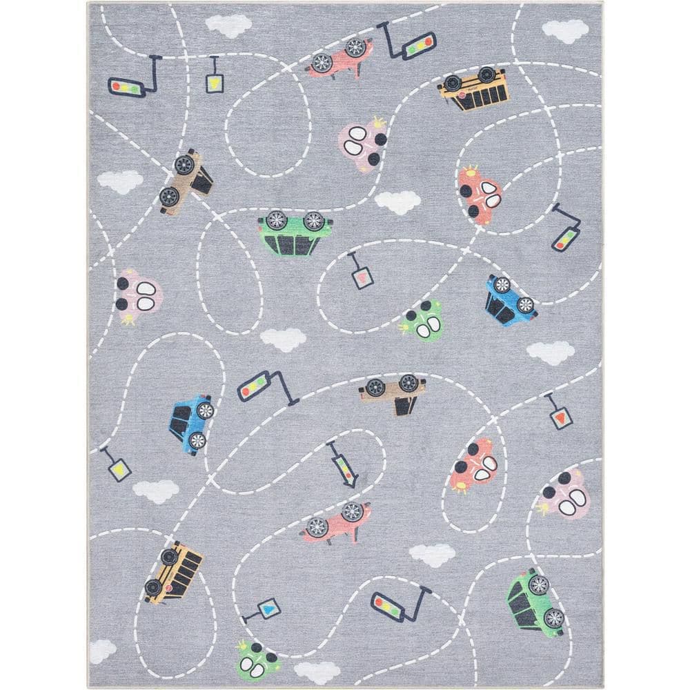 Well Woven Traffic Modern Kids Grey 5 ft. x 7 ft. Machine Washable Flat ...
