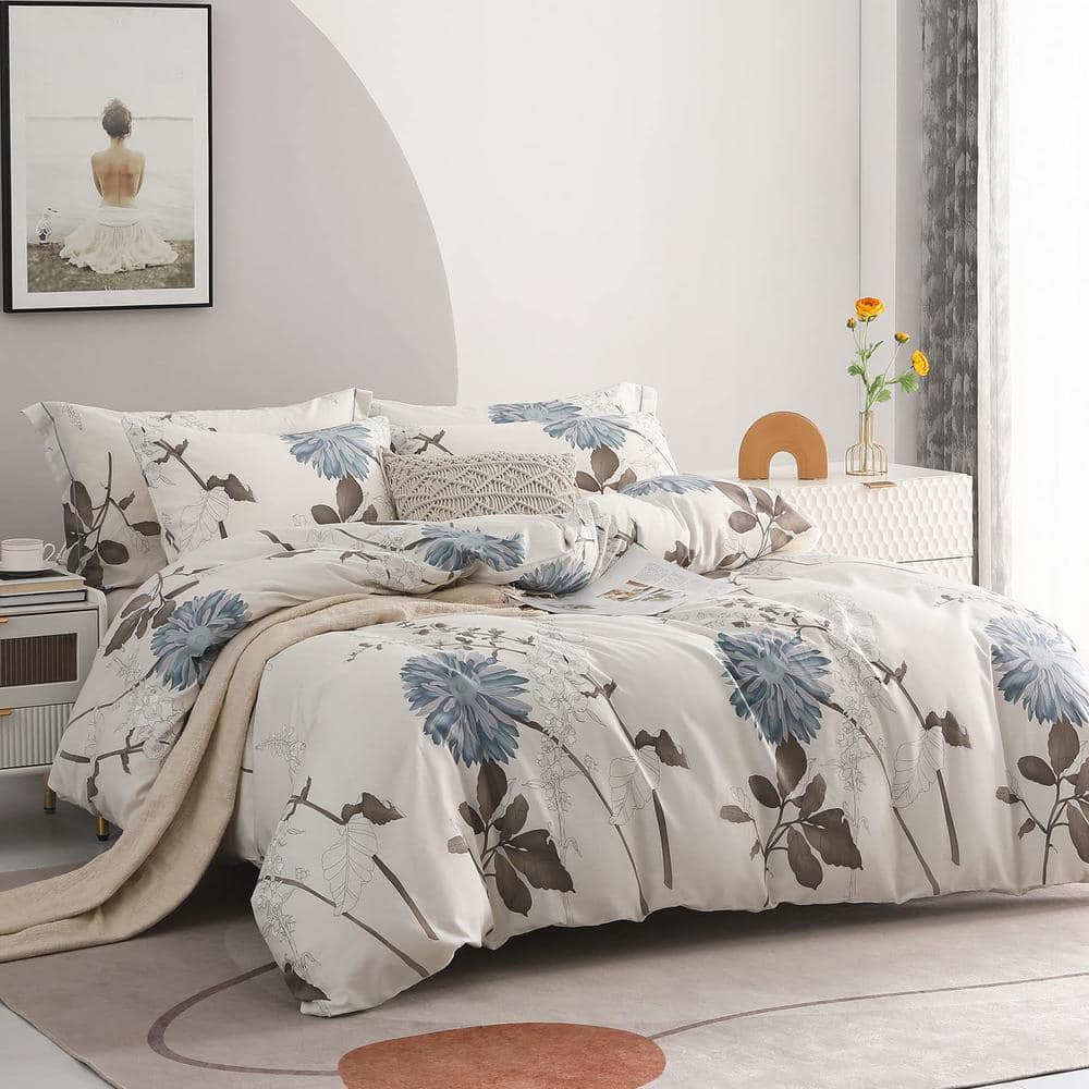 3-Piece Off-White Cotton King Brown Branches and Blue Flowers Comforter ...