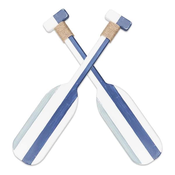 2-Piece 4 in. x 20 in. Navy and White Nautical Wooden Double Oar Decor ...