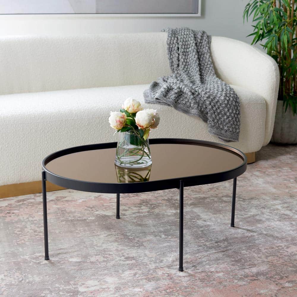 SAFAVIEH Emmerich 31.8 in. Rose Gold/Matte Black Oval Glass Coffee ...