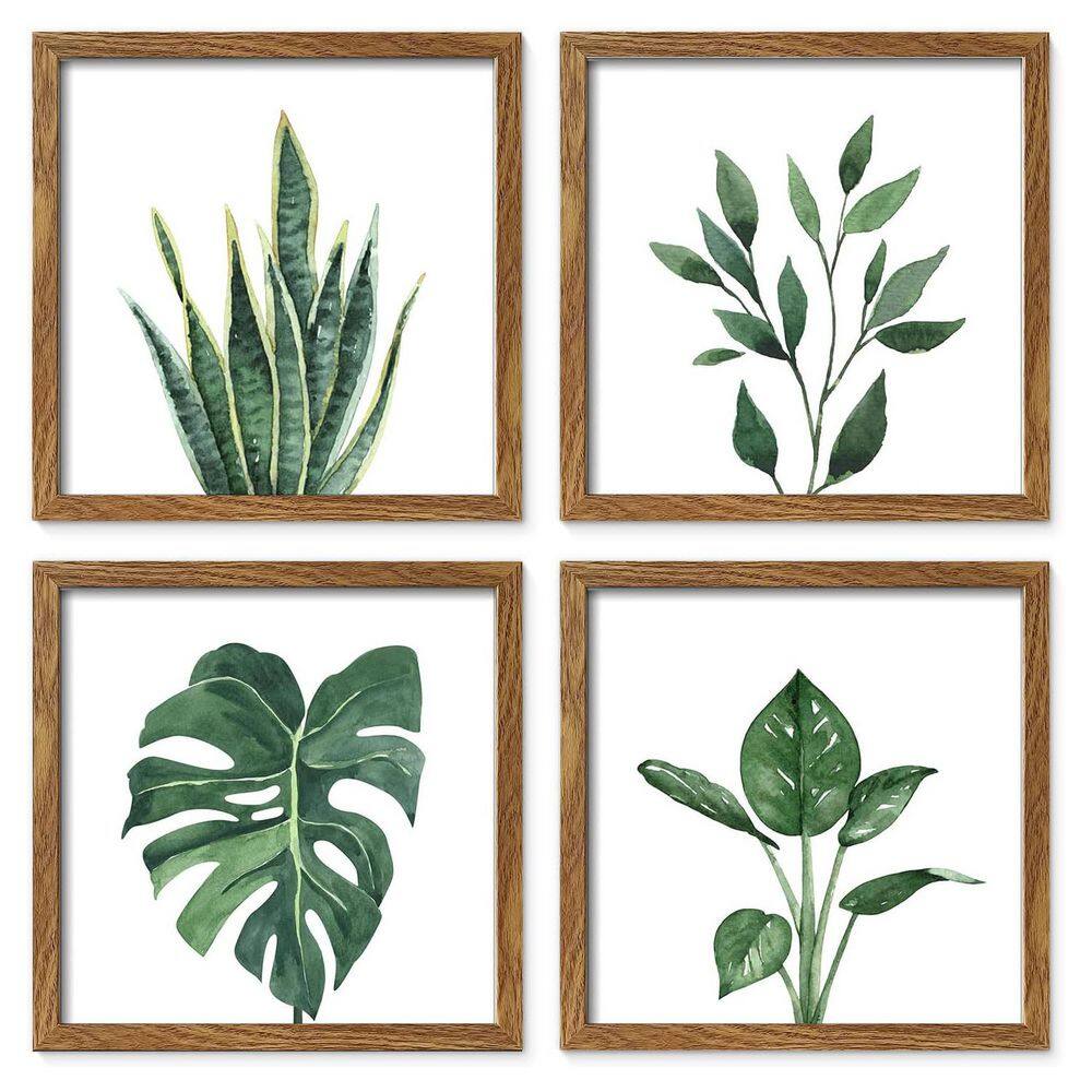 4 Piece Brown Wood Framed Sage Green Plant Print Wall Prints 10 in. x ...