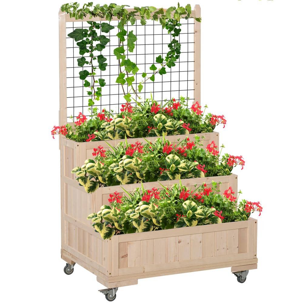 Zeus & Ruta 3-Tiers Natural Raised Garden Bed with Trellis, 53 in. H ...