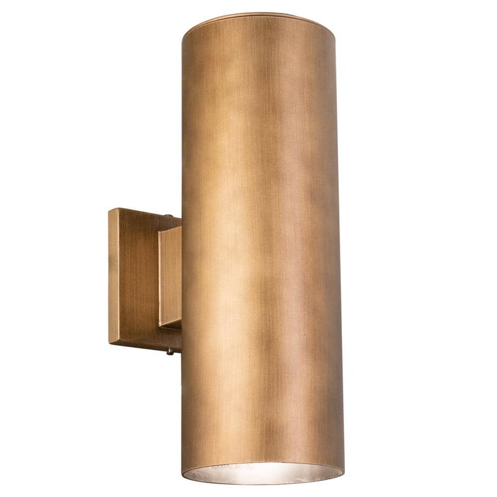 NORTH AVENUE Seville 14.25 in. H Warm Brass Outdoor Mid Century Modern 2-Light Outdoor Cylinder ...