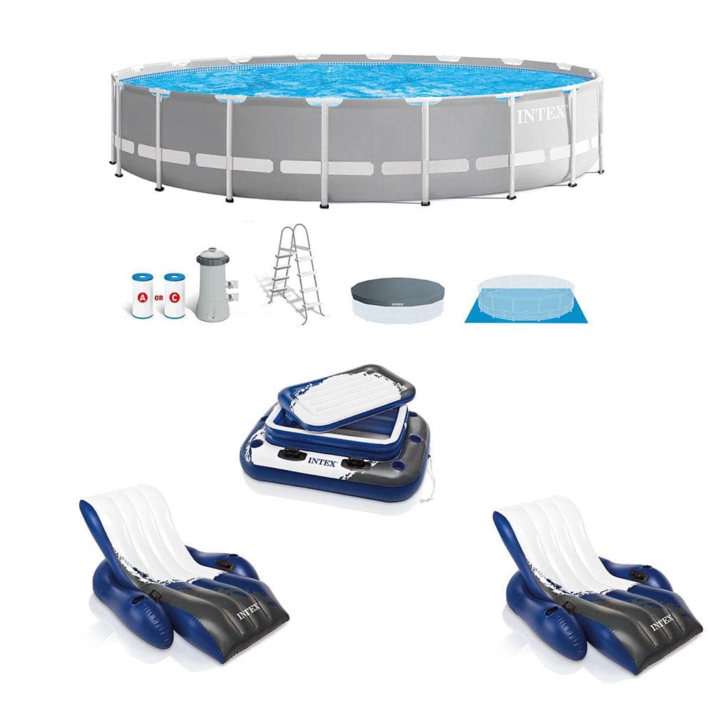 Intex Prism Above Ground Pool with Inflatable Loungers and Cooler Float ...