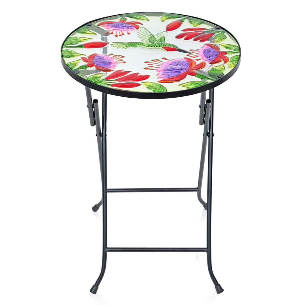 Alpine Corporation 14" Folding Glass Round Table with Flowers and ...