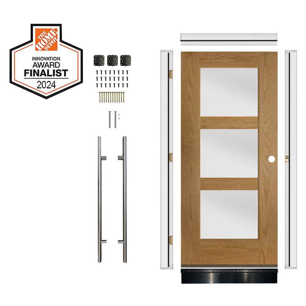 DIY Faux Pivot 36 x 79 in. 3-Lite Left-Hand Frosted Glass Bourbon Stain Fiberglass Front Door ...