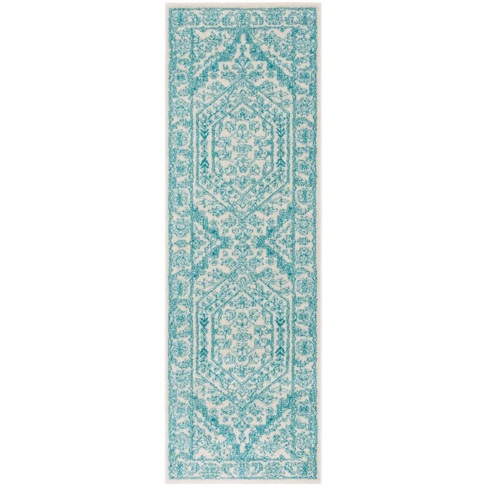 SAFAVIEH Adirondack Ivory/Teal 3 ft. x 8 ft. Border Medallion Runner ...