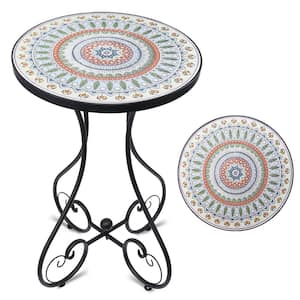 Angel Sar 14 in. Floral Round Metal Outdoor Side Table with Ceramic Tile Top for Yard, Porch ...