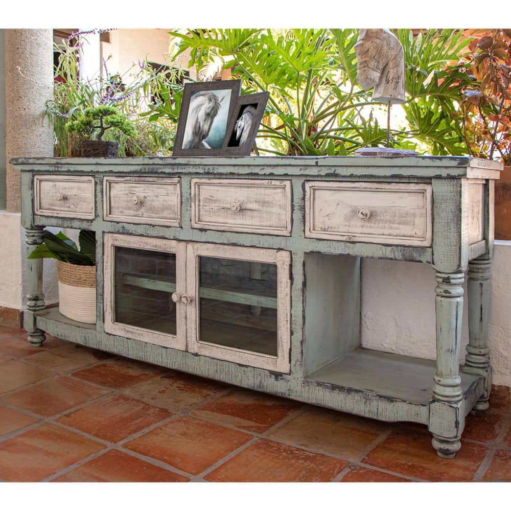 HomeRoots Blue, White TV Stand Fits TV's up to 70 in. with Shelves ...