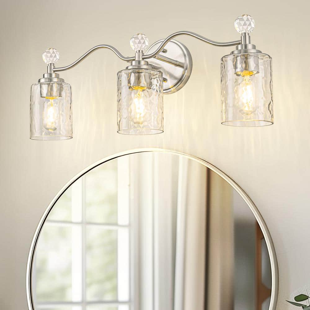 YANSUN 24 in. 3-Light Brushed Nickel Bathroom Vanity Light with Crystal ...