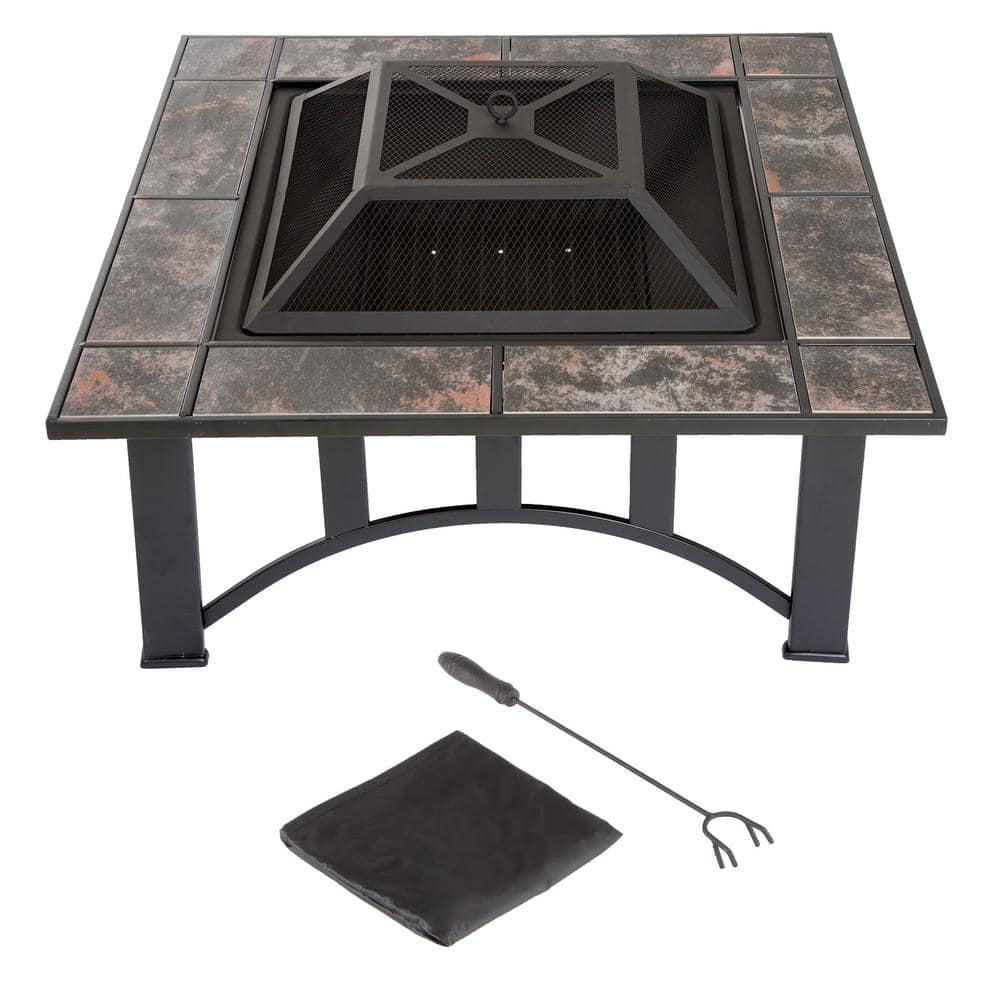 Pure Garden 33 in. Square Steel Tile Fire Pit with Cover M150019 - The ...