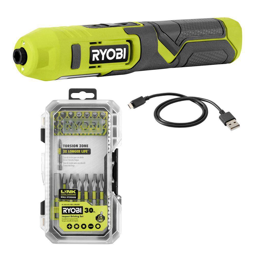 RYOBI 4V Cordless 1/4 in. Screwdriver with Impact Rated Driving Set (30 ...