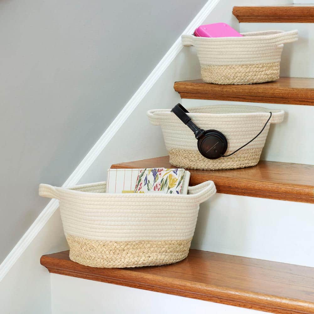 HOUSEHOLD ESSENTIALS 2-Tone White and Natural Rope Baskets with Built ...