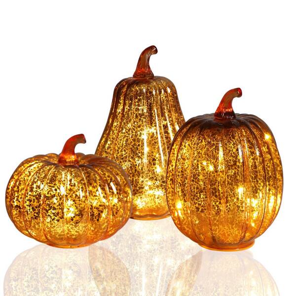 MUMTOP 3 Piece Set of Illuminated Glass Autumn Harvest Pumpkin ...