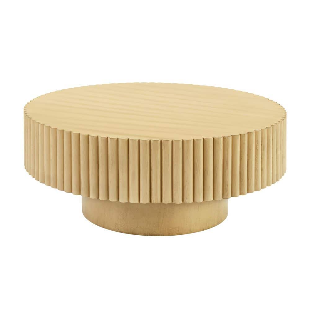 32 in. Natural Round Wood Coffee Table, Fluted Drum Tea Table, Retro ...
