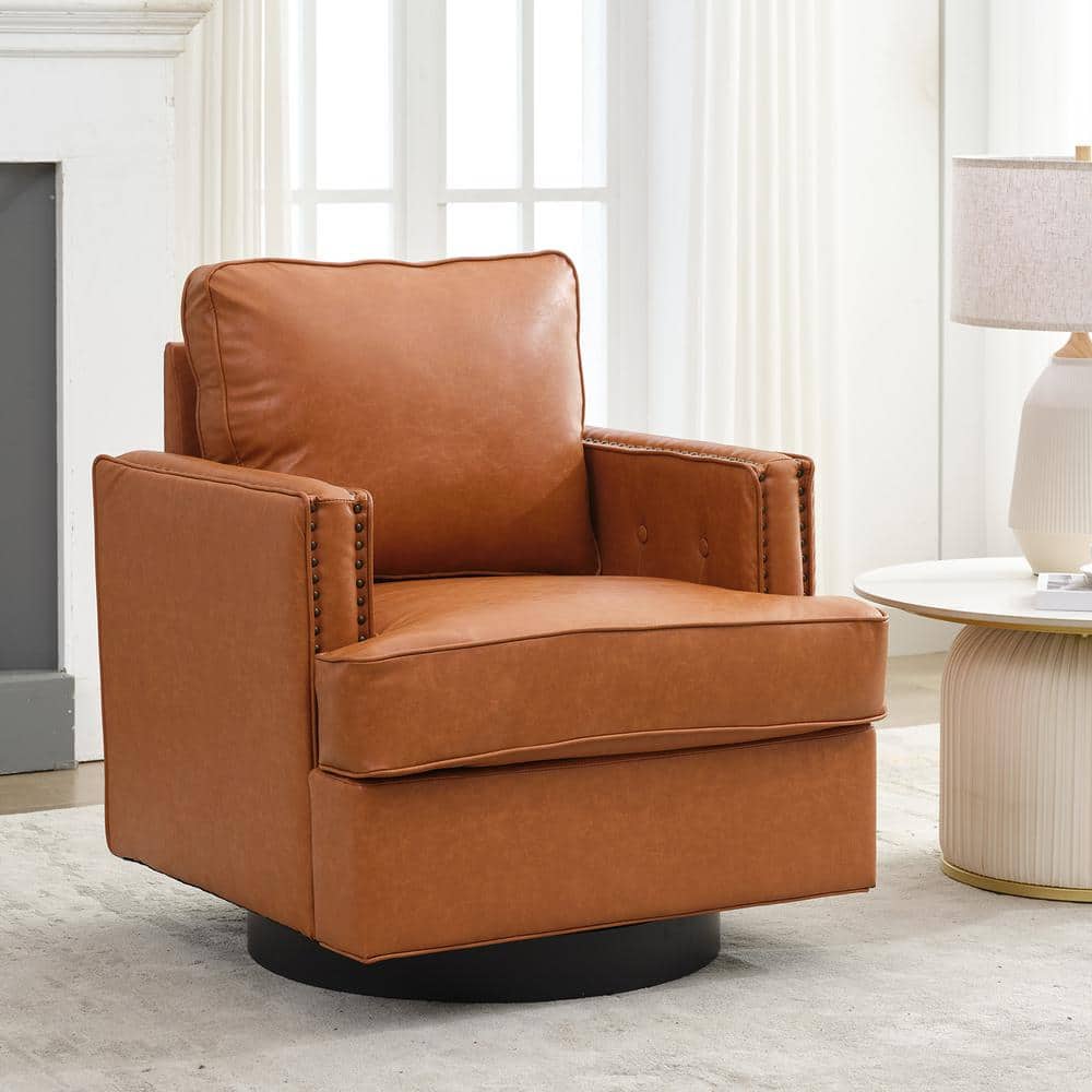 JEAREY Brown PU Leather 360° Swivel Nailhead Trim Button-tufted Accent ...