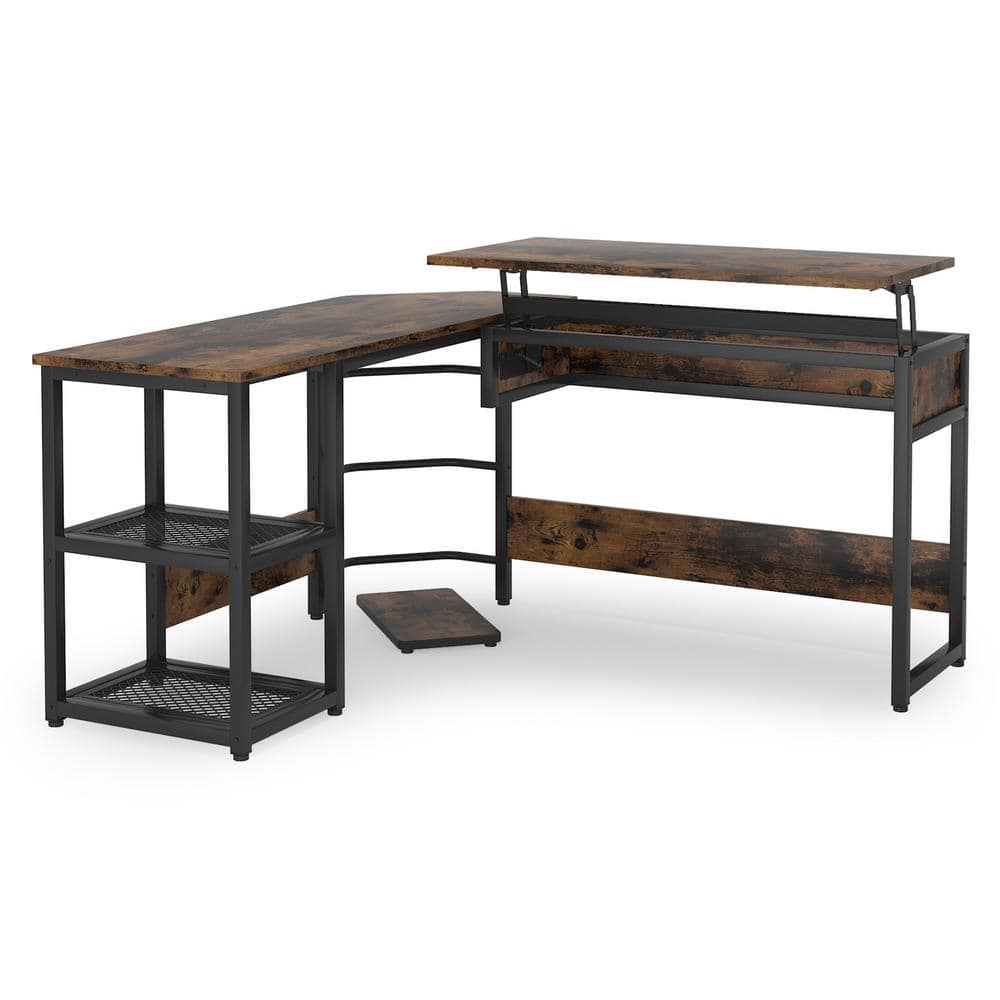 Tribesigns Lantz 59 in. L Shaped Rustic Brown Wood and Metal Computer ...