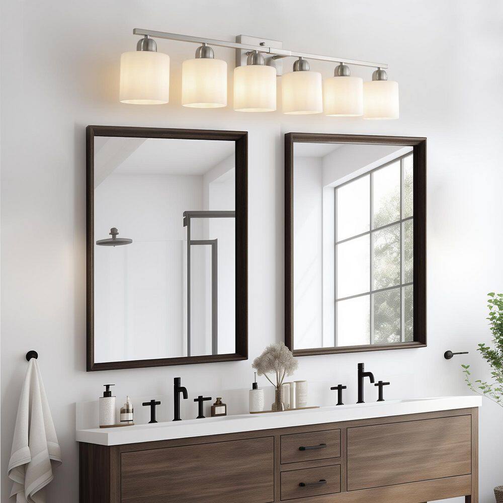 Sunpez 38 in. W 6-Light Nickel Vanity Light with Frosted Glass Shades ...