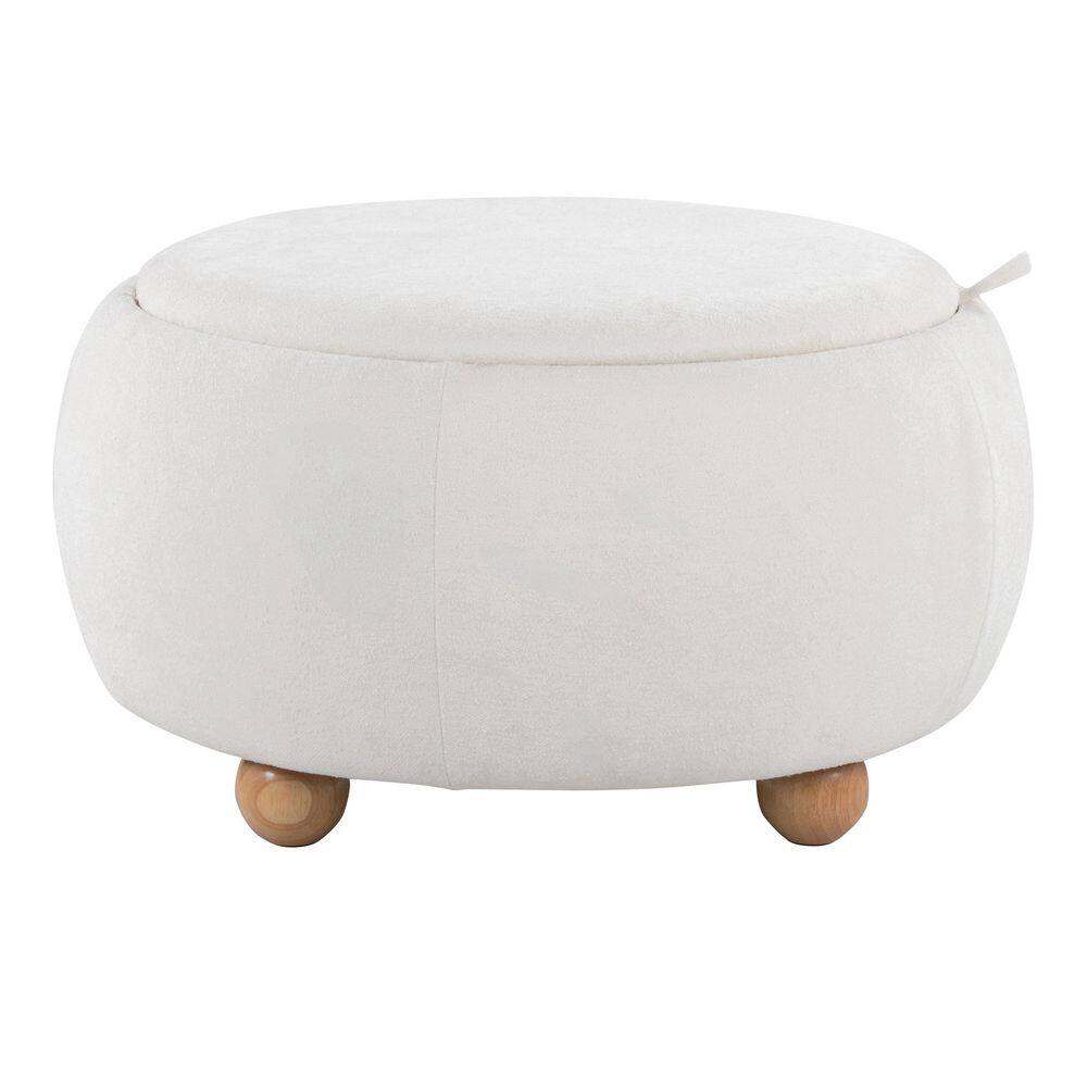 Lumisource Tray Pouf White Fabric and Natural Wood Storage Ottoman OT ...