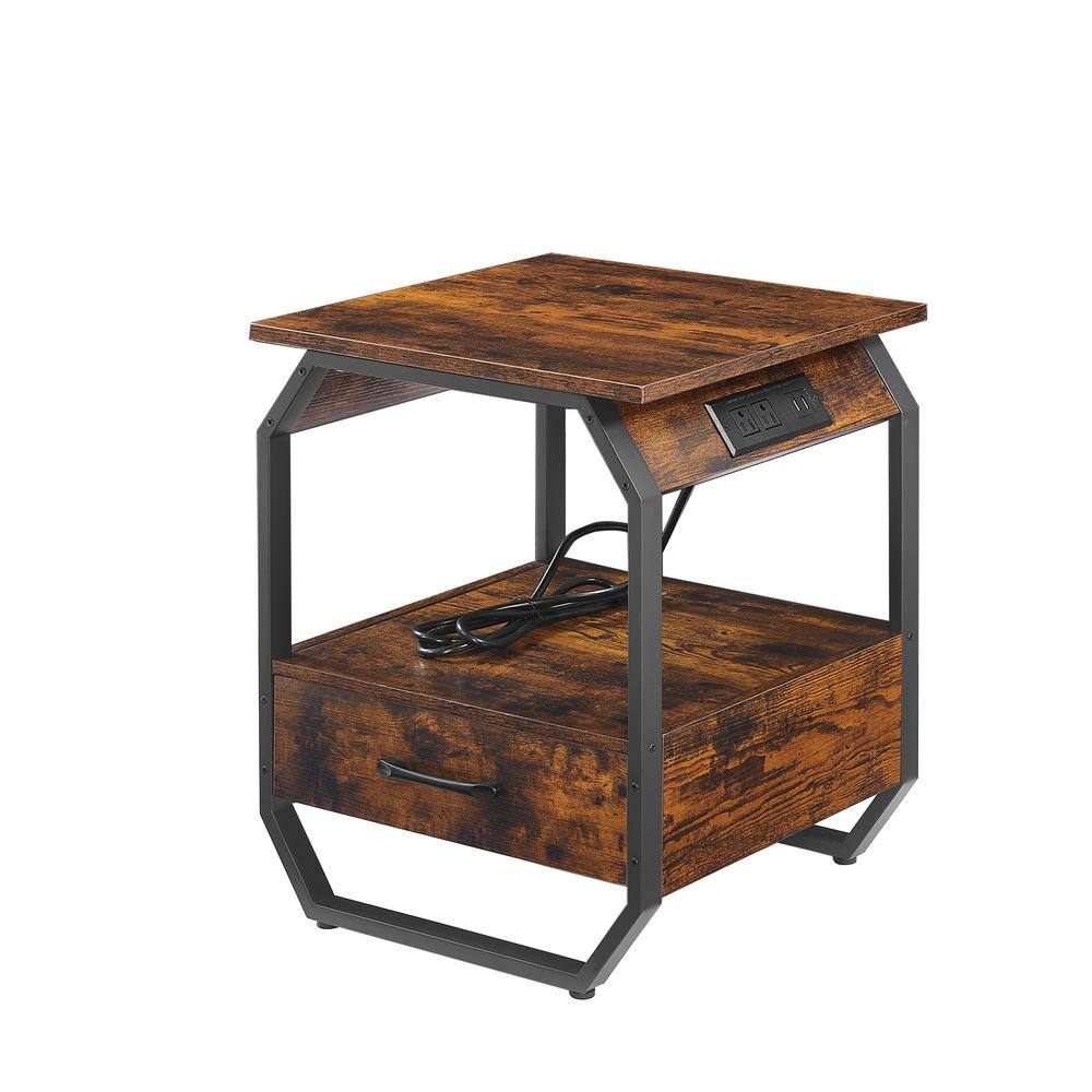 Industrial 17.3 in. Brown Octagon 1-Drawer Wood End Table with Charging ...