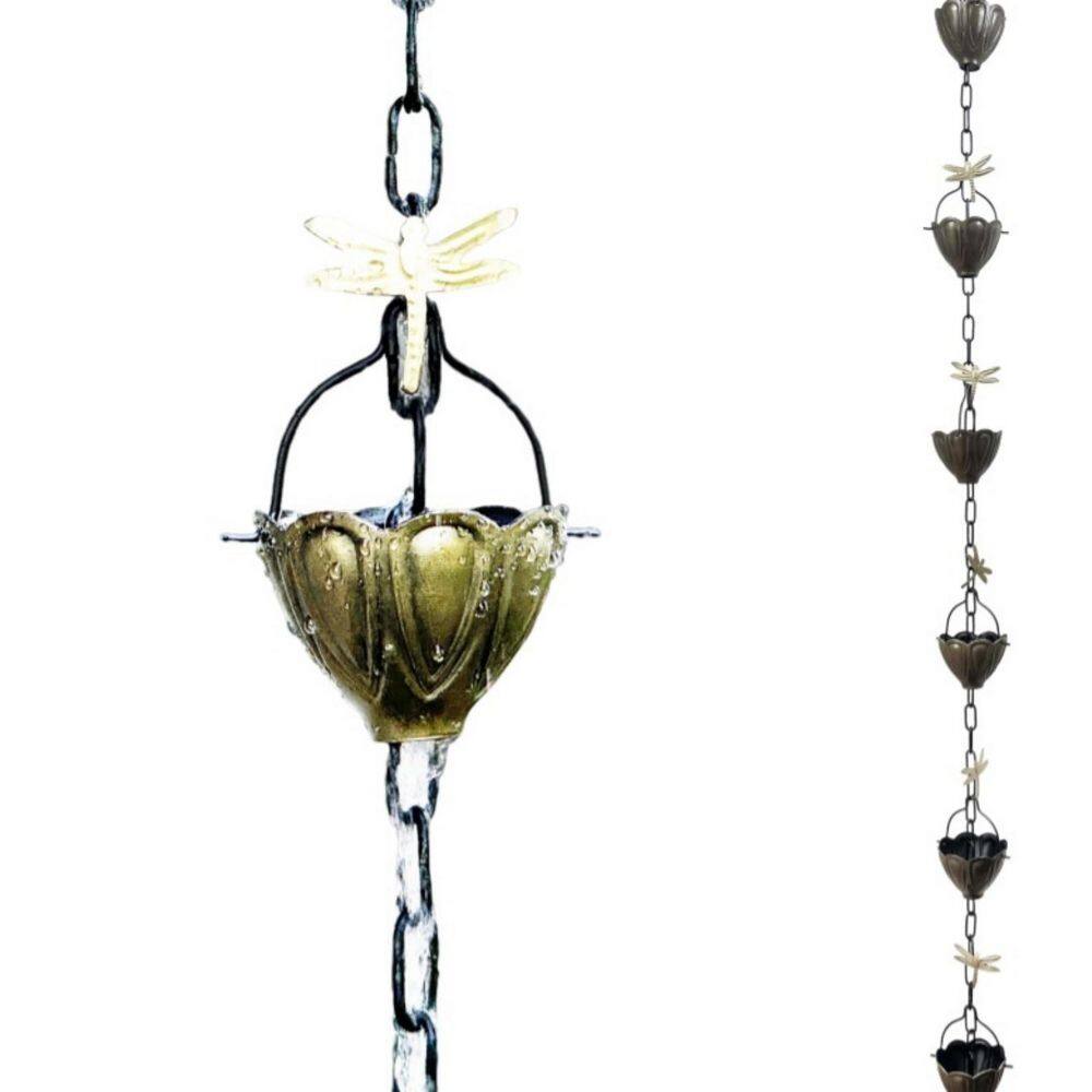 8.5 ft. Dragonfly Cups Antique Brass Rain Chain, to Replace Roof Gutter ...