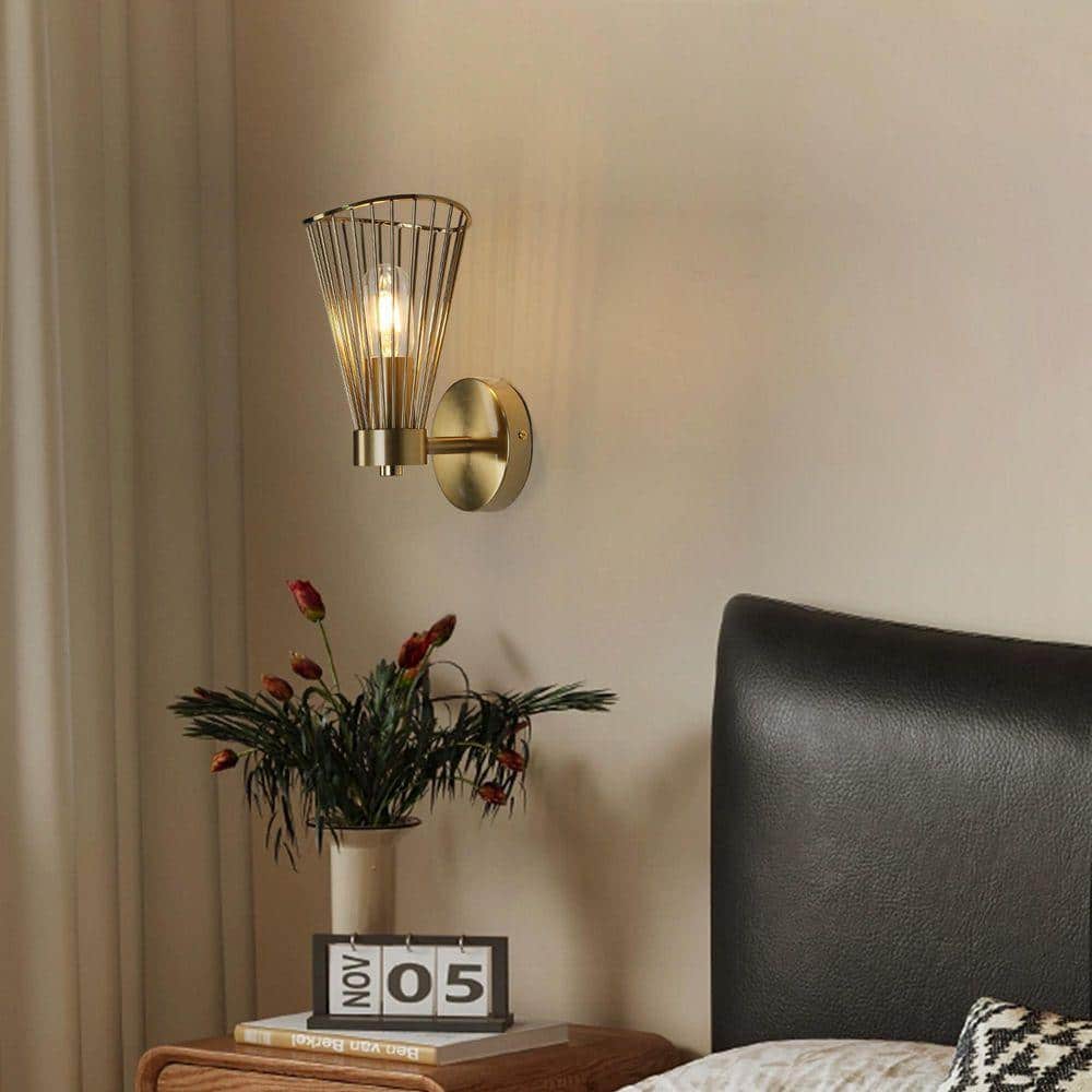 JC TOPA Metallic Cage 7.48 in. 1-Light Gold Modern Industrial Wall ...