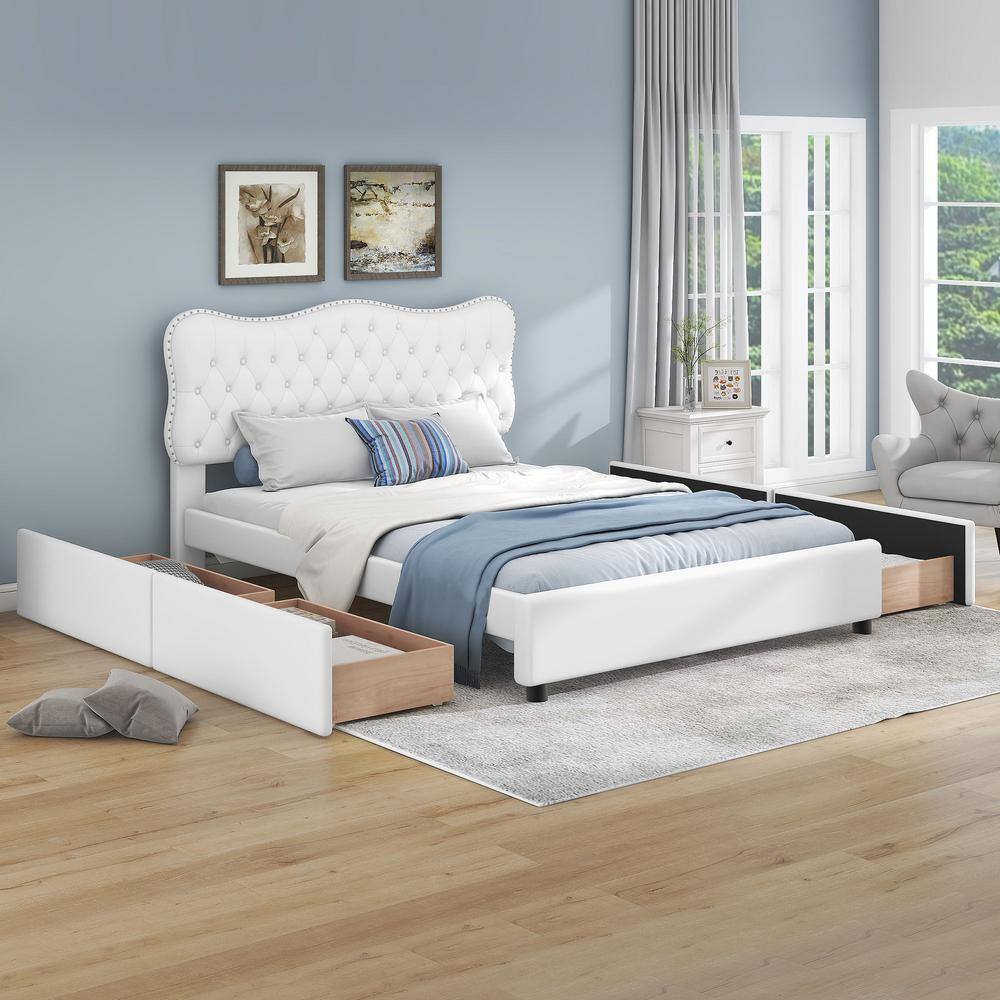 Harper & Bright Designs White Wood Frame Full Size PU Upholstered ...