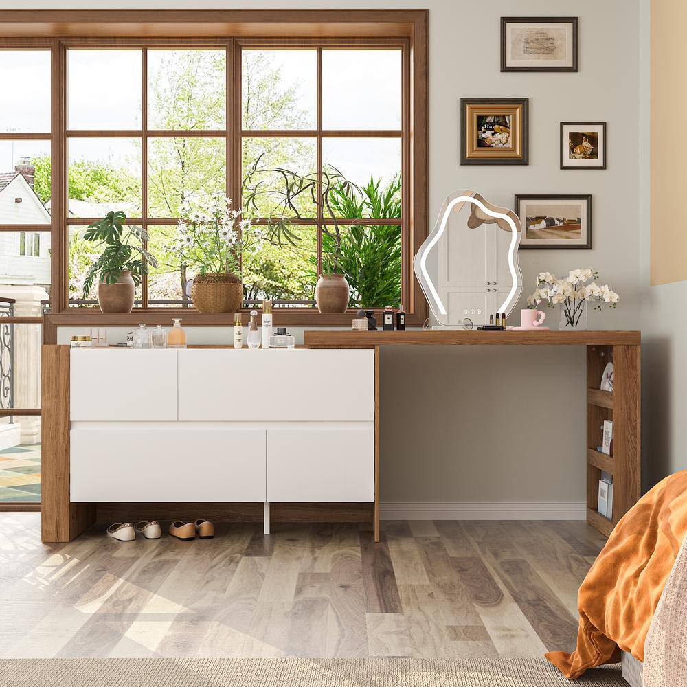 FUFU&GAGA 83.8 in. Width Rectangle White & Wooden Grain Wood 4 Drawers ...