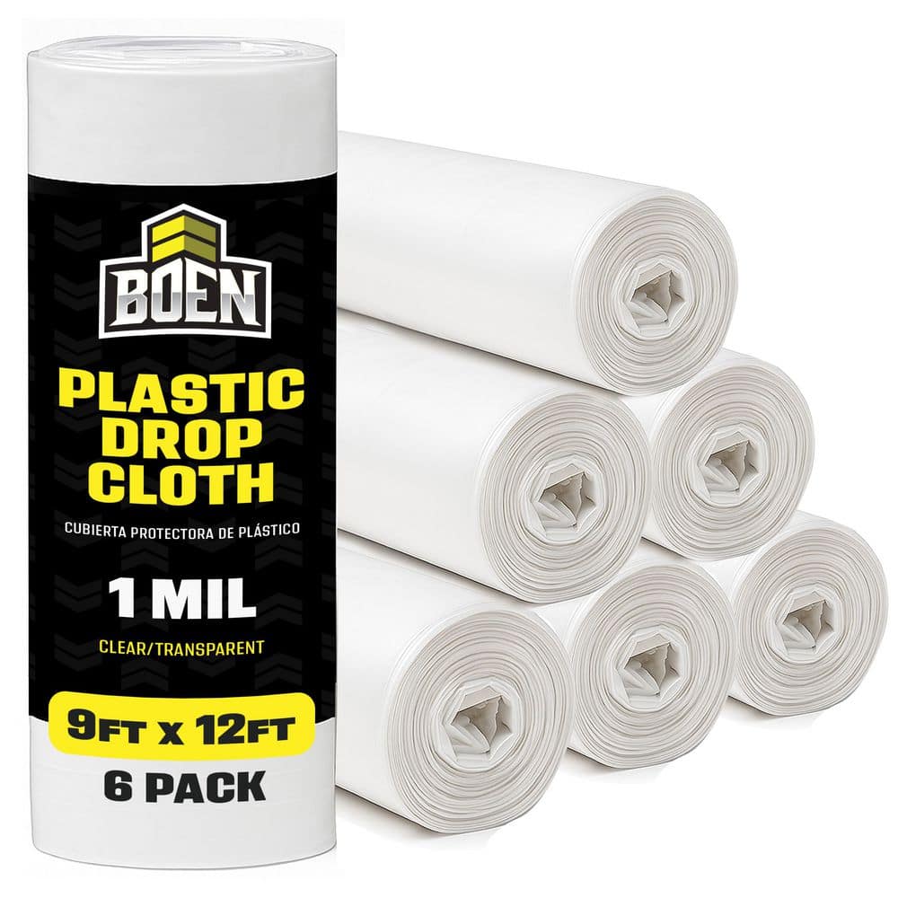 BOEN Painters Plastic Sheeting 9 ft. x 12 ft. 1 Mil Clear Plastic Drop ...