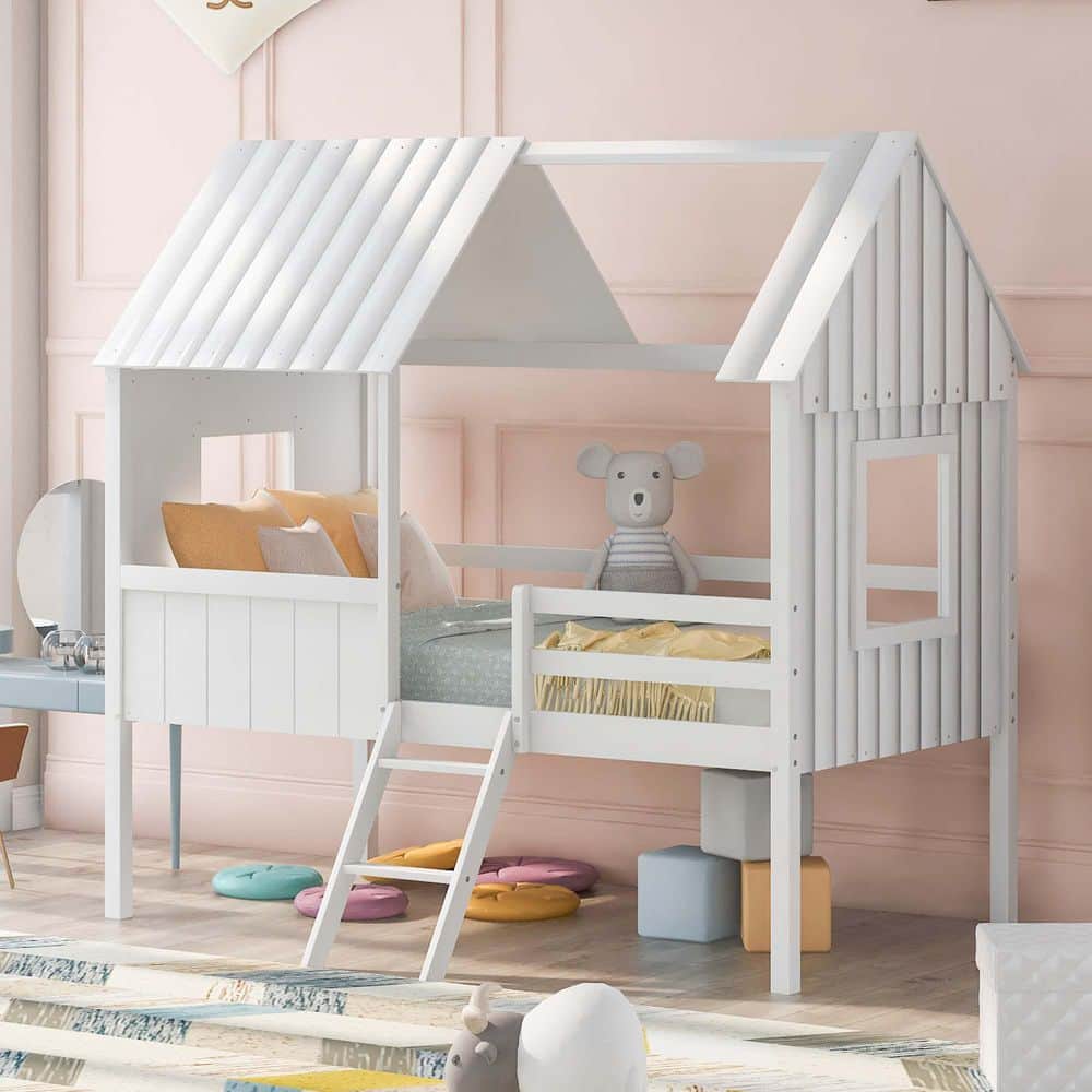 Polibi White Twin Size Wood Loft Bed with 2 Side Windows RD14-19415AAK ...