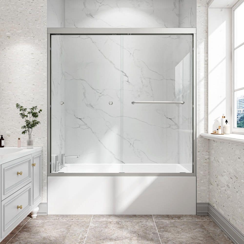 EASYWORC 55 to 60 in. W x 60 in. H Sliding Framed Tub Door in Brushed ...