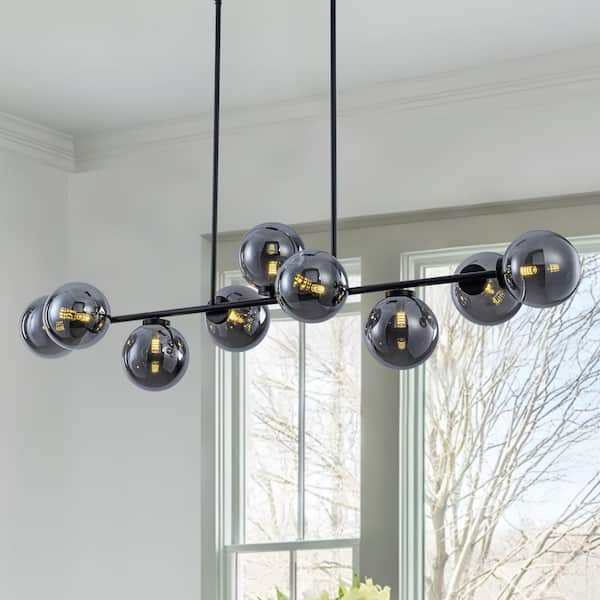 TinHon 9-Light Matte Black Linear Chandelier with Smoke Glass Globe ...