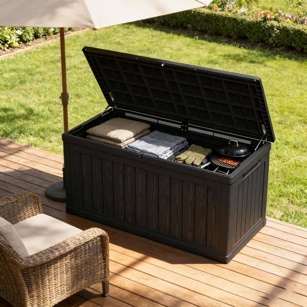 230 gal. 4.83 ft. W Black Resin Lockable Deck Box, Outdoor Storage ...