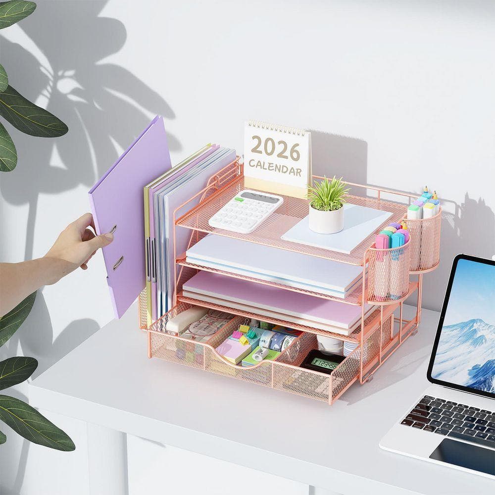 Rose gold metal desk organizer with file holder and multi-tier storage ...