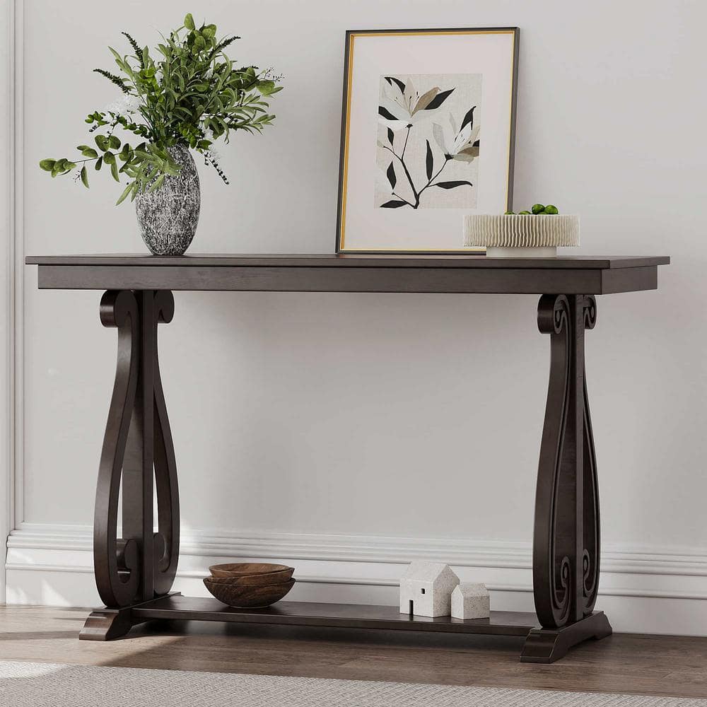 Polibi Rustic 48 in. Espresso Rectangle Wood Console Table with Open ...